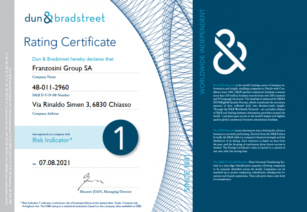 D&B RATING CERTIFICATE » Franzosini Italia